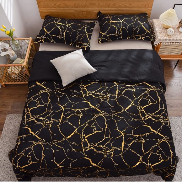 Bedding | Queen Black Marble Comforter Set Gold Metallic Foil Printed ...
